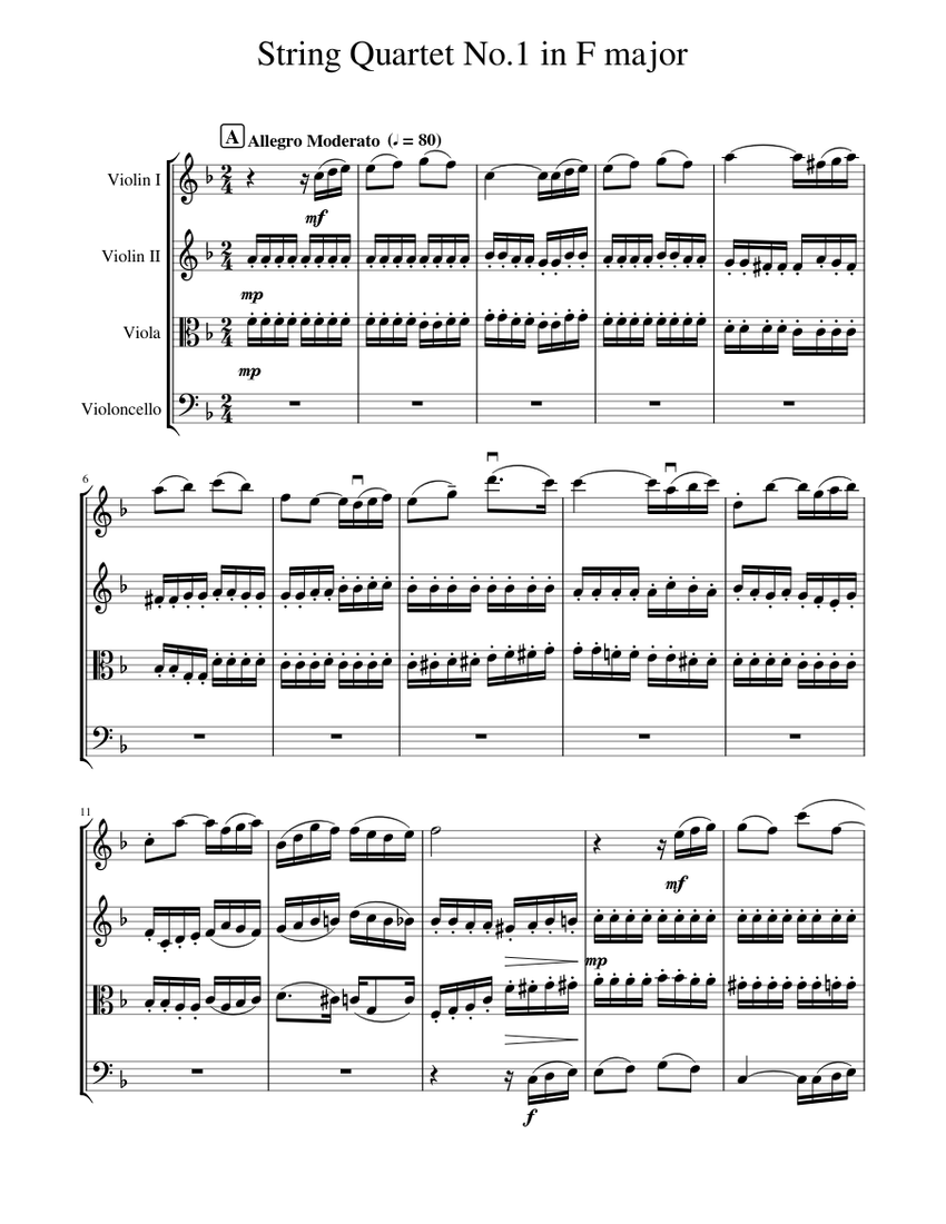 String Quartet No.1 in F major Sheet music for Violin, Viola, Cello (String Quartet) | Musescore.com