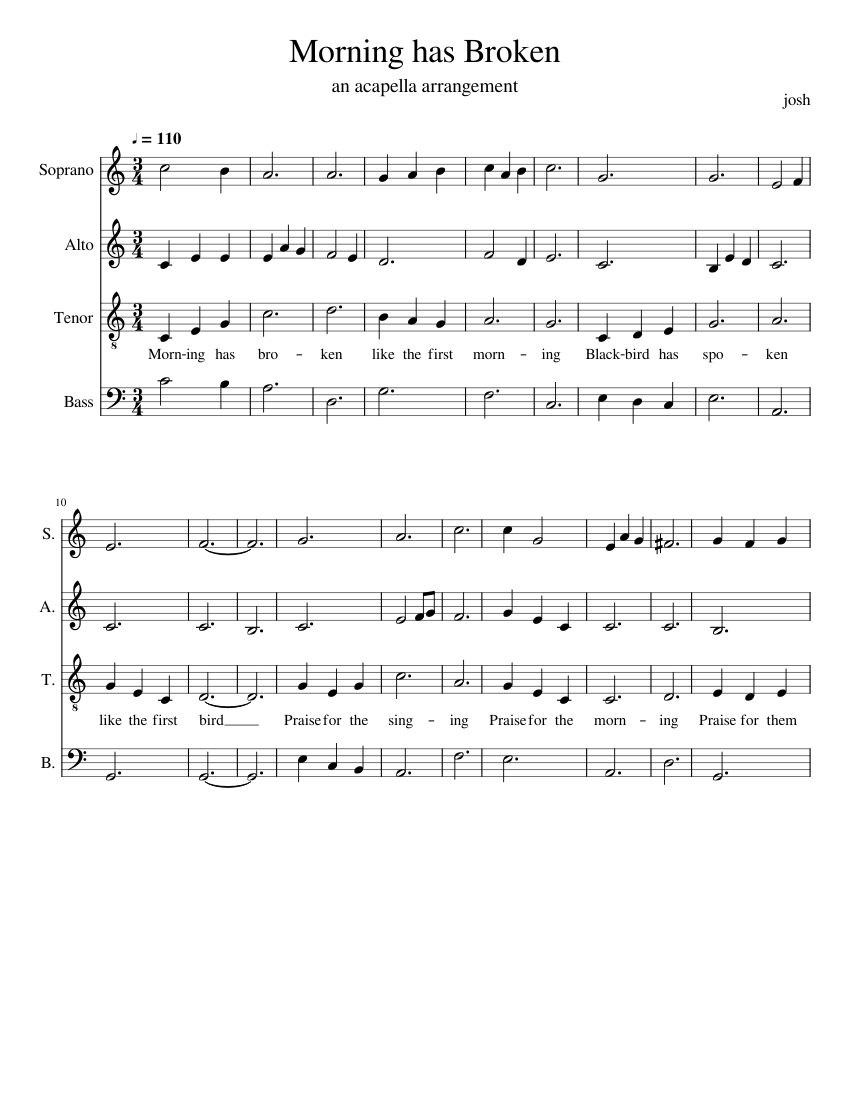 Morning has Broken Sheet Music for Soprano, Alto, Tenor, Bass voice ...