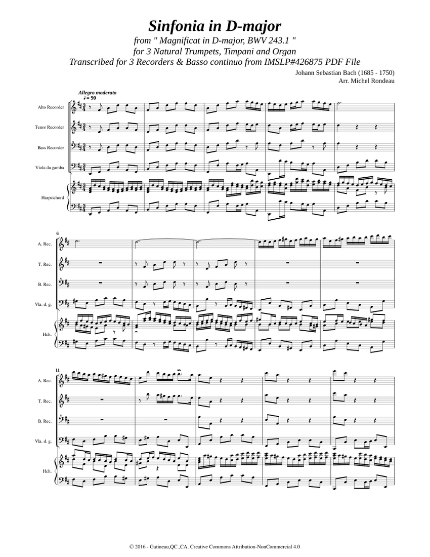 Bach, J.S. _ Sinfonia in D-Dur, BWV 243.1 [3 Recorders, B/C] Sheet ...