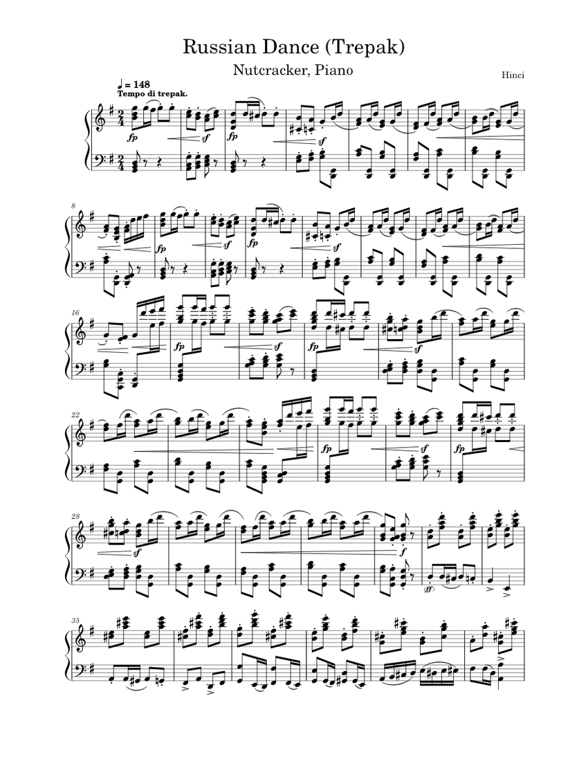 Nutcracker, 12d. Russian Dance (Trepak) Sheet Music for Piano (Solo ...