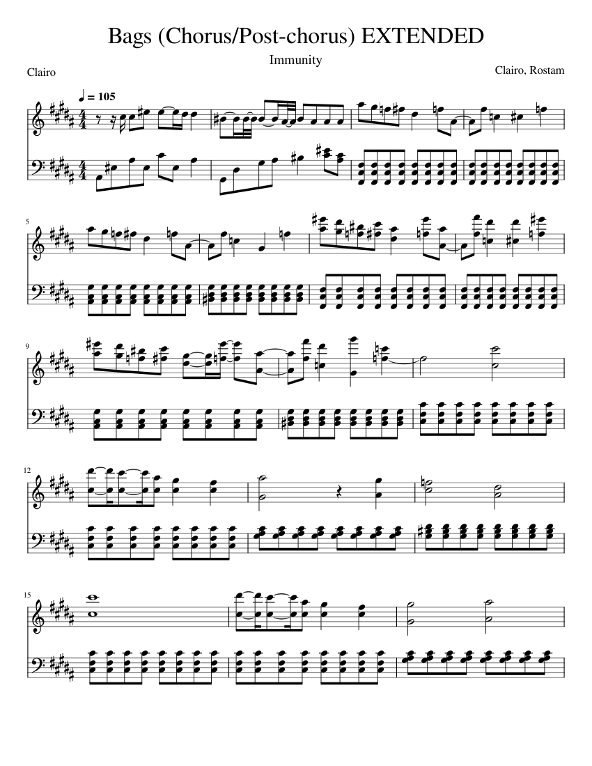 Bags by Clairo (Chorus Instrumental) but EXTENDED Sheet Music for Piano ...