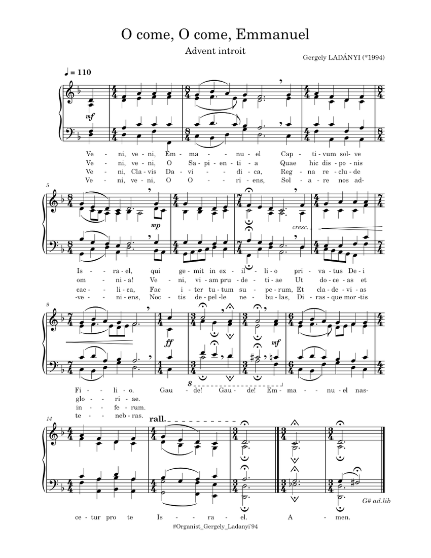 Gegrely Ladányi (*1994): O come, O come, Emmanuel- Advent introit Sheet ...