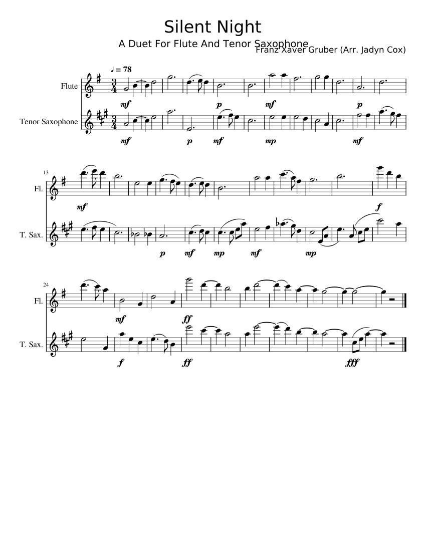 Silent_Night Sheet music for Flute, Saxophone tenor (Woodwind Duet ...