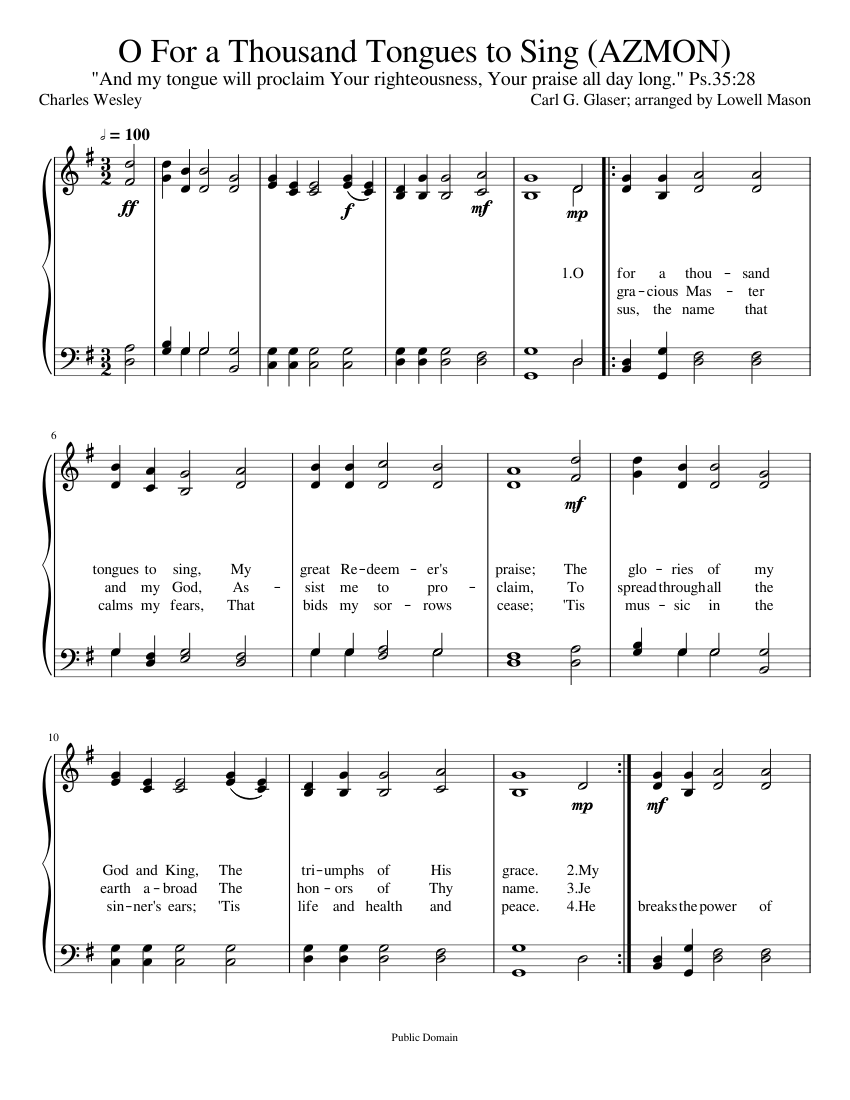 O for a Thousand Tongues to Sing (AZMON) Sheet music for Piano (Solo ...