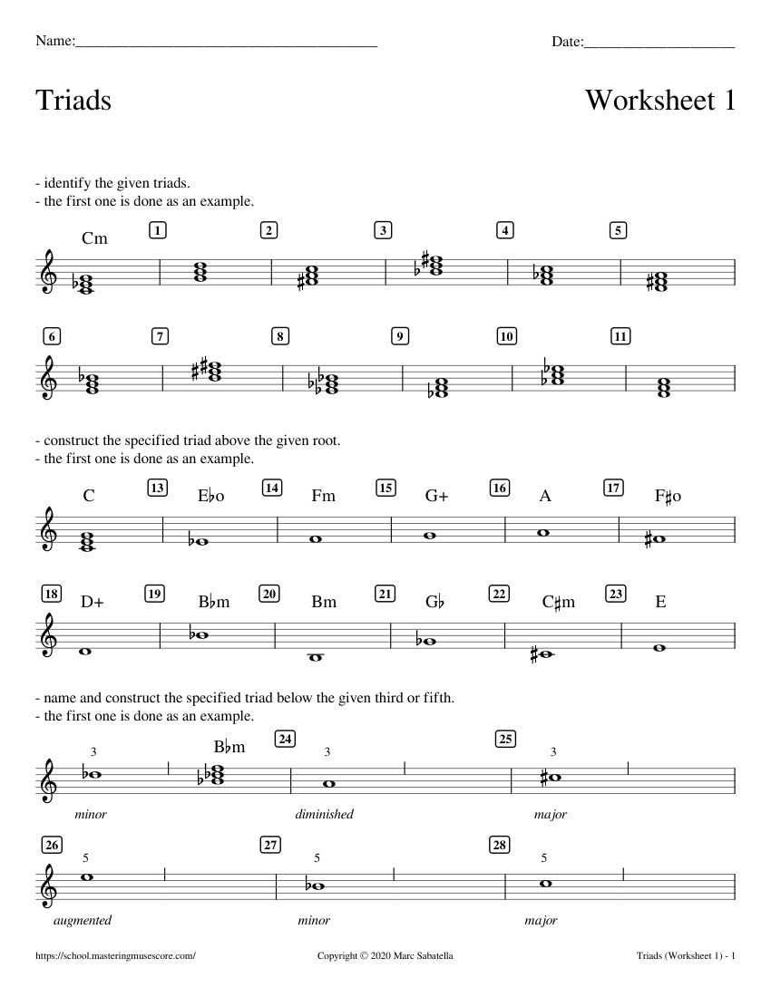 Triads (Worksheet 1) Sheet Music with Chords for Piano (Solo) easy ...