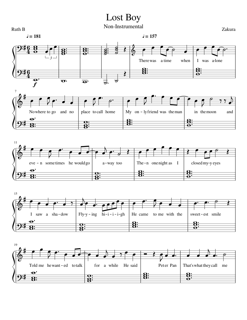 Ruth B - Lost Boy (Non-Instrumental) Sheet music for Piano (Solo) Easy ...