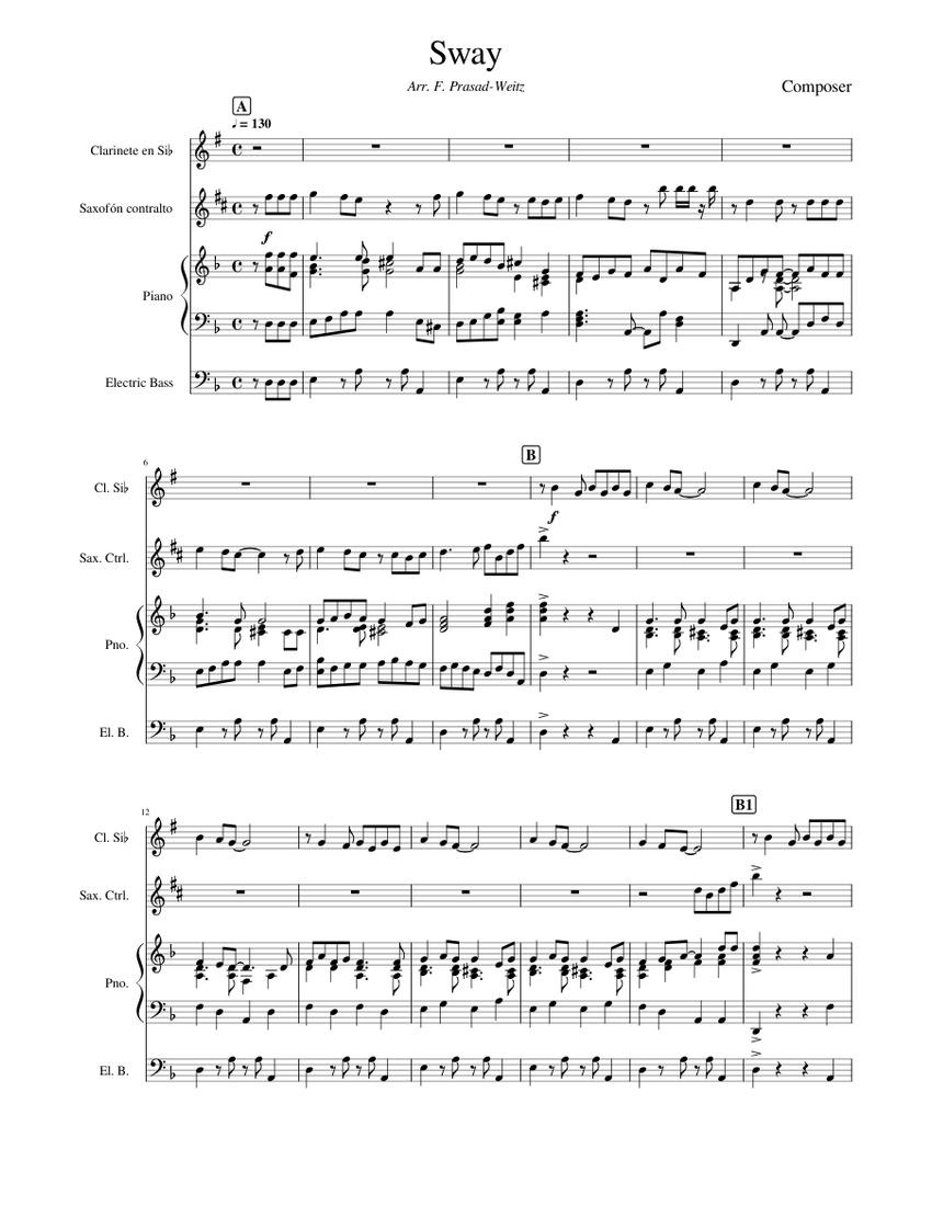 Sway Sheet Music for Piano, Clarinet in b-flat, Saxophone alto, Bass ...