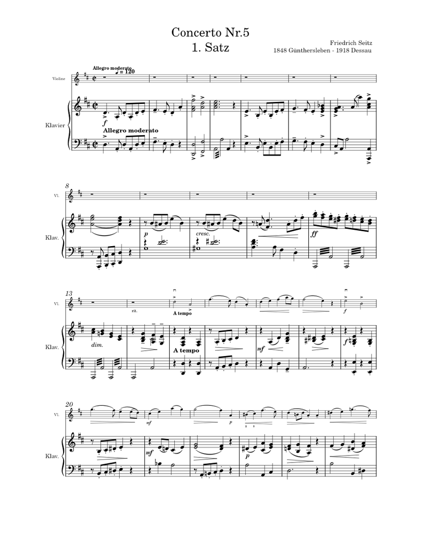 Concerto No.5 I – Friedrich Seitz Sheet Music for Piano, Violin (Mixed ...