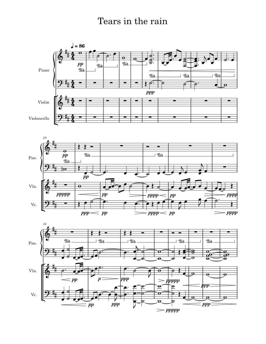 Tears in the rain Sheet Music for Piano, Violin, Cello (Mixed Quartet ...