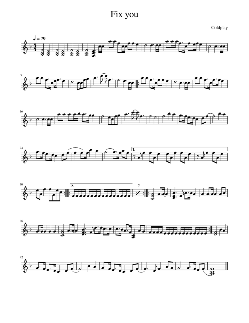 Fix you - Coldplay Sheet Music for Trumpet in b-flat (Solo) | MuseScore.com