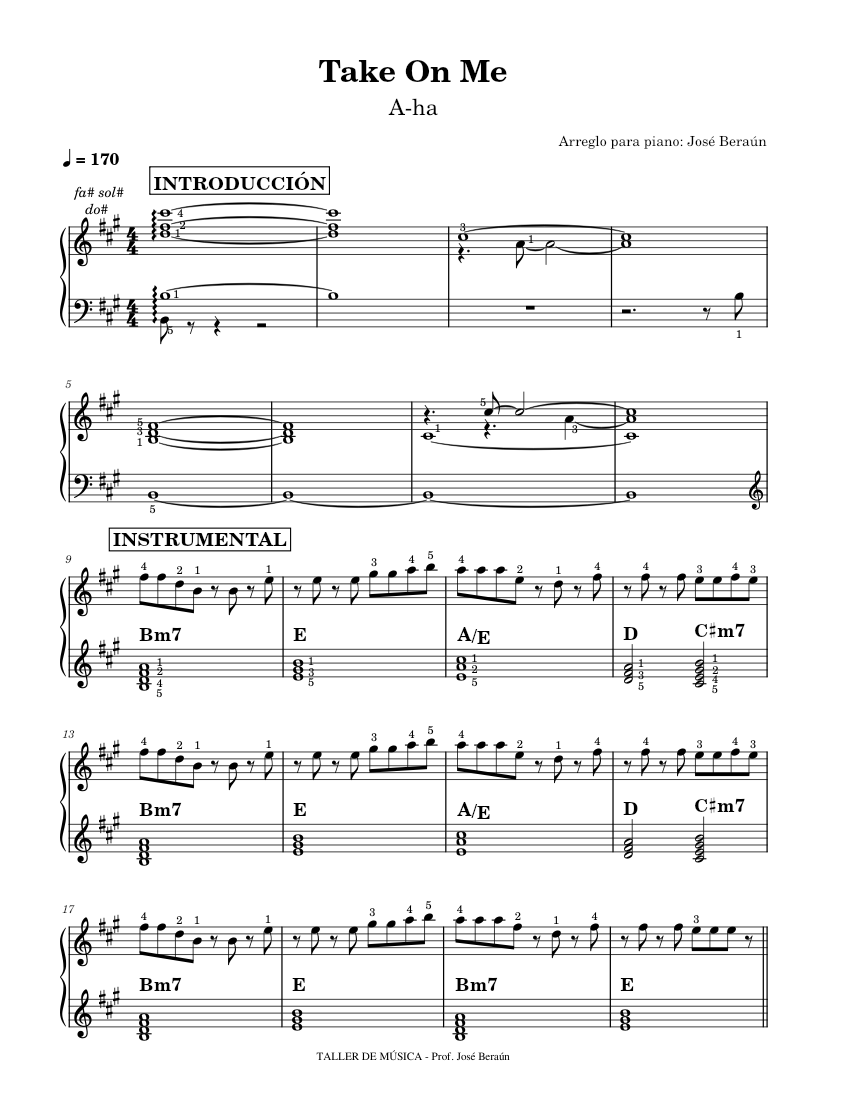 Take on me – a-ha (acompañamiento para piano) Sheet Music with Chords ...