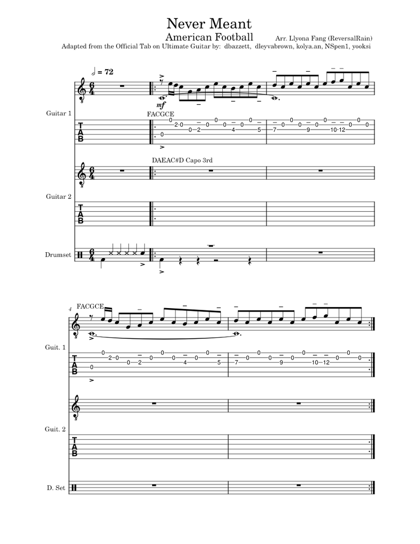 Never Meant – American Football (WIP Tabs) Sheet Music for Guitar, Drum ...