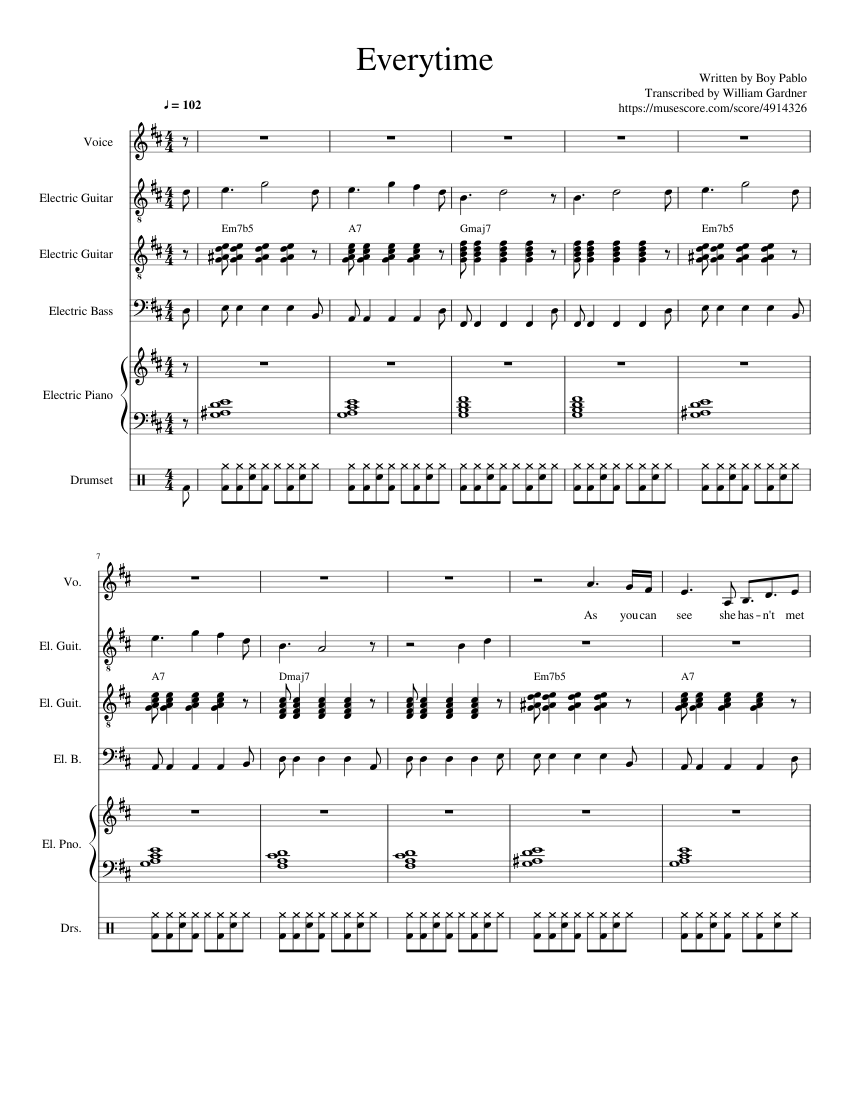 Everytime - Boy Pablo Sheet Music for Piano, Vocals, Guitar, Bass ...