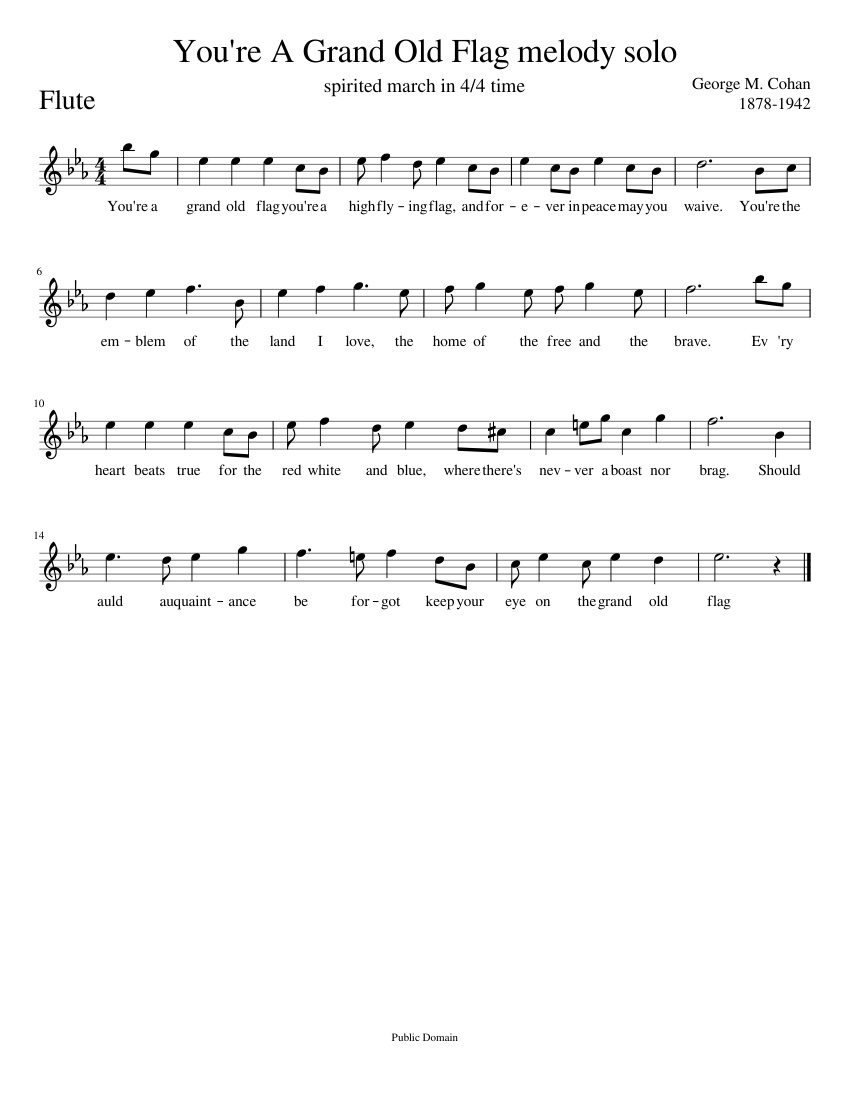 You're a Grand Old Flag Flute melody solo Eflat Sheet Music for Piano ...
