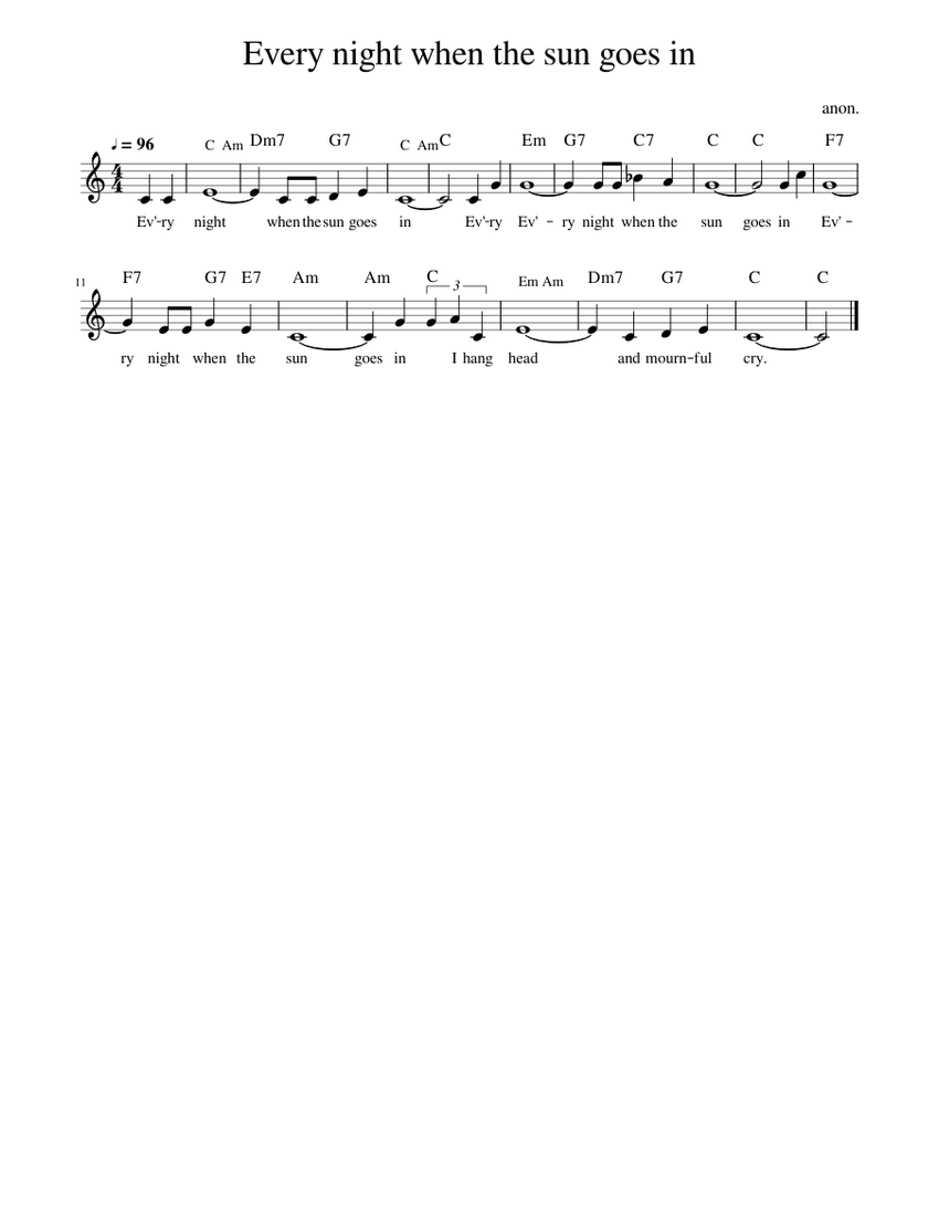 Every night when the sun goes in Sheet Music for Piano (Solo) Easy ...