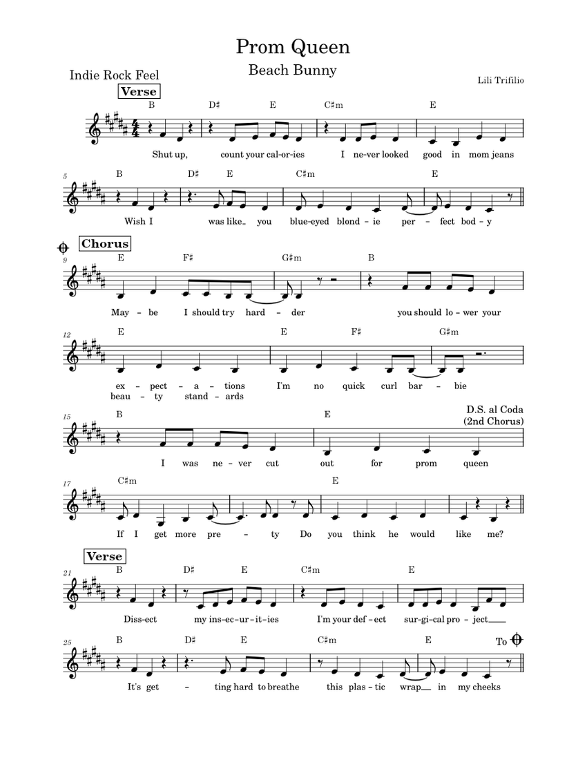 Prom queen – Beach Bunny (simple lead sheet) Sheet Music with Chords ...