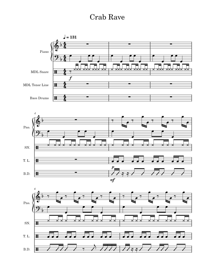 Crab Rave Sheet music for Piano, Snare drum, Tenor drum, Bass drum ...