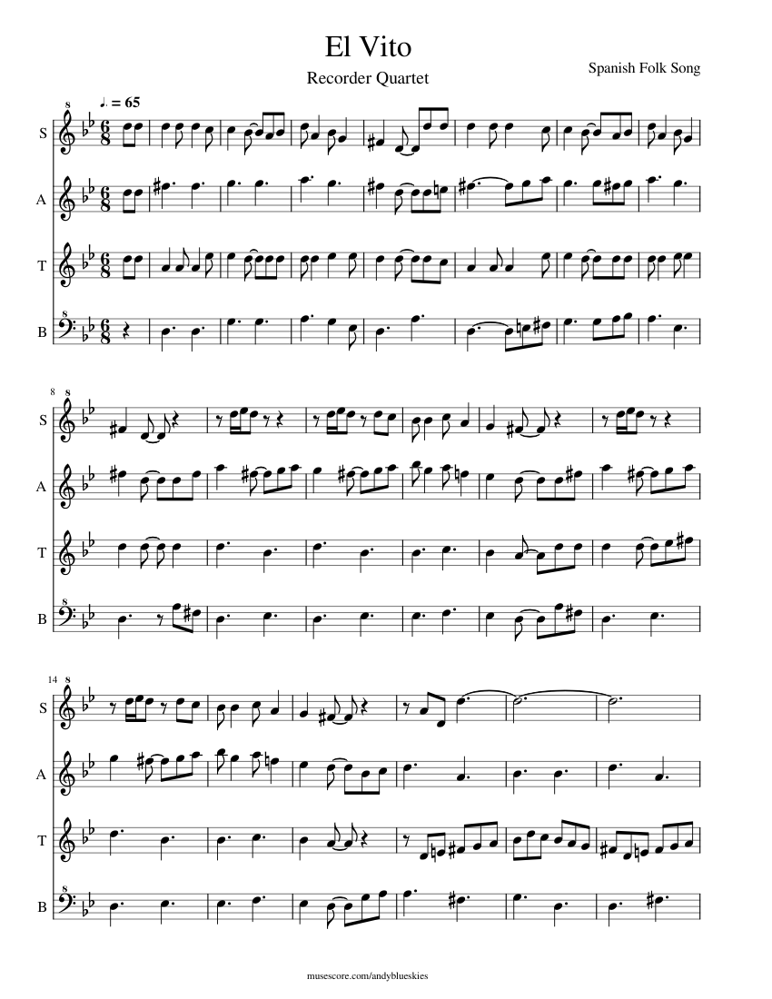 El Vito - Recorder Quartet Sheet Music for Recorder (Mixed Quartet ...