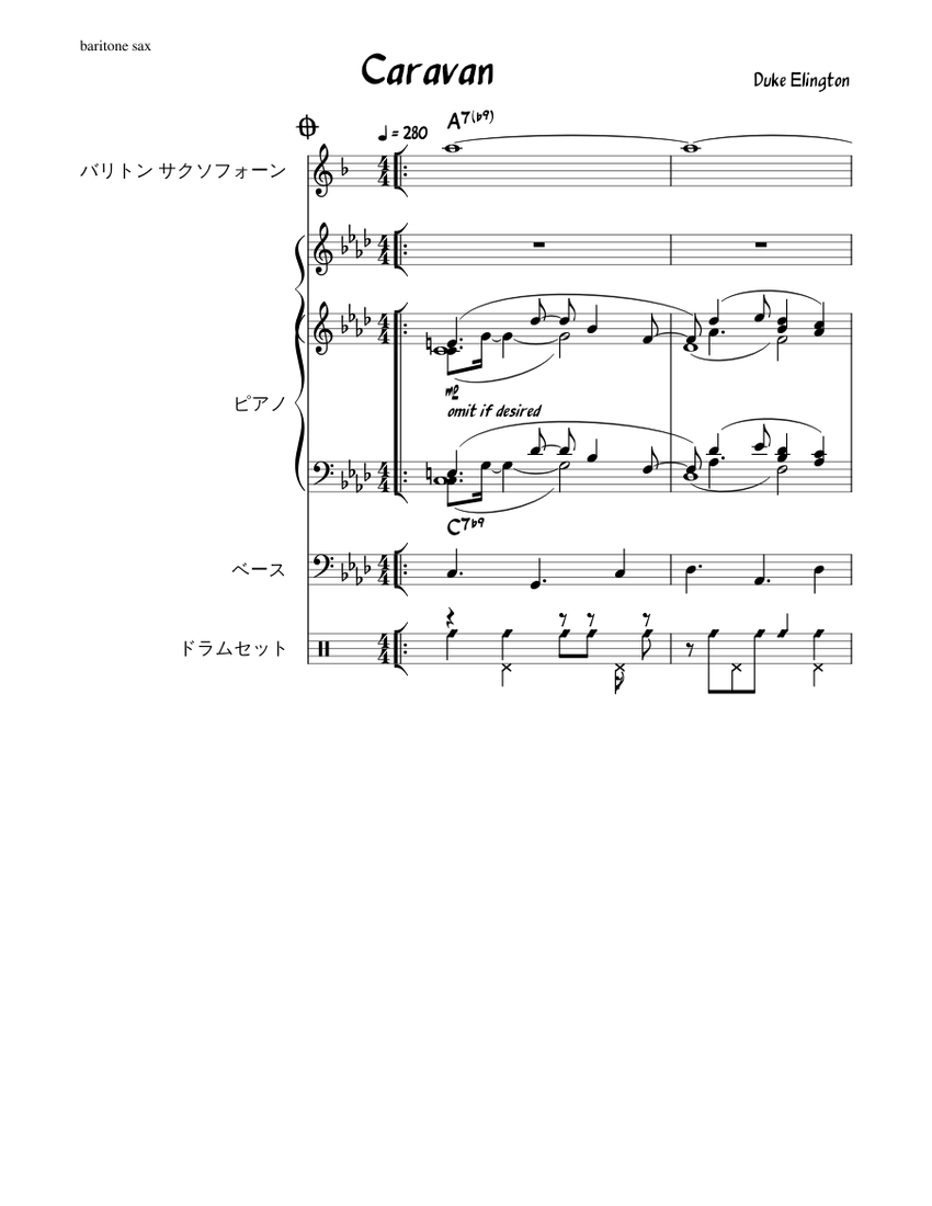 Caravan Sheet Music with Chords for Piano, Saxophone baritone, Bass ...