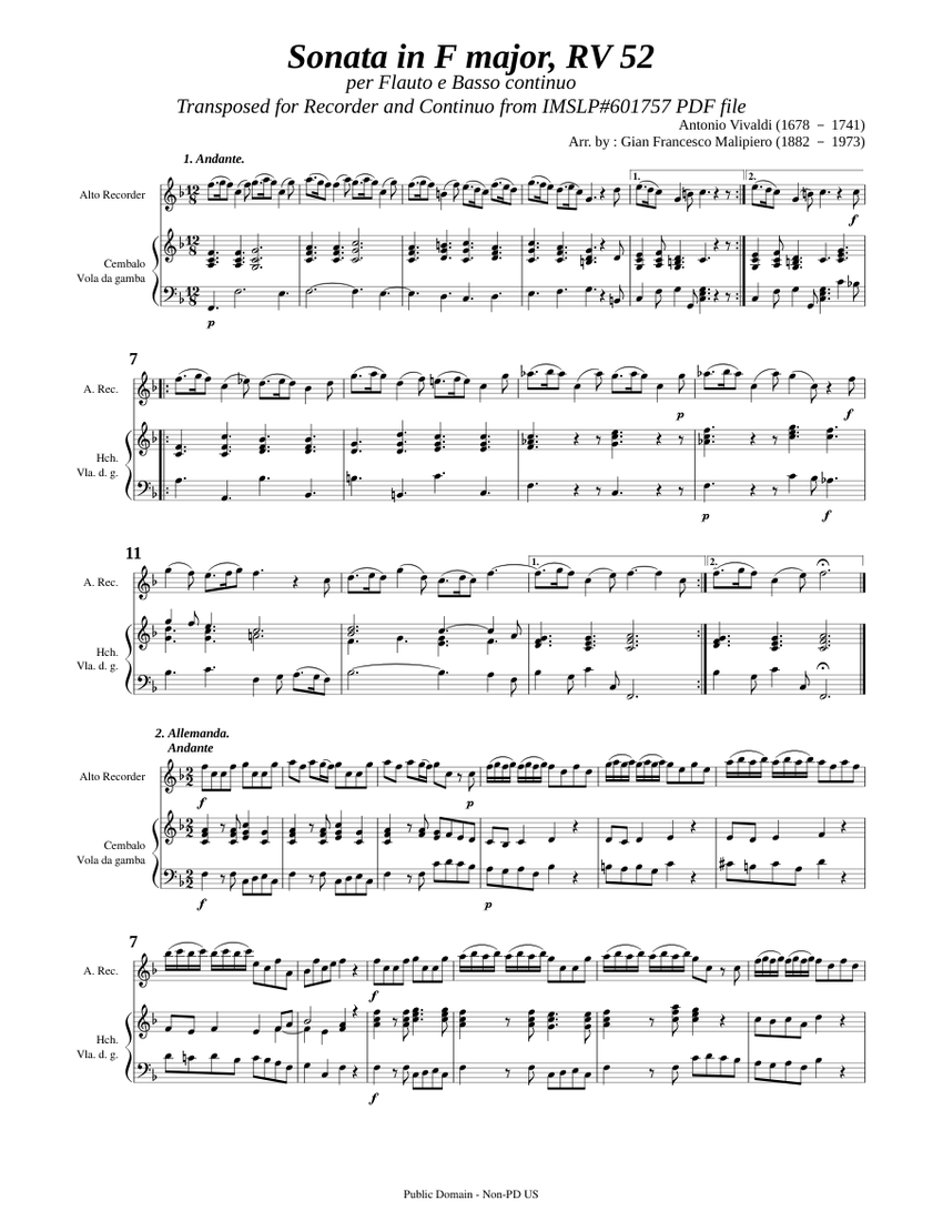 Vivaldi, A. _ Flute Sonata F-Dur, RV 52 [Rec, Continuo] Sheet Music for Harpsichord, Recorder ...