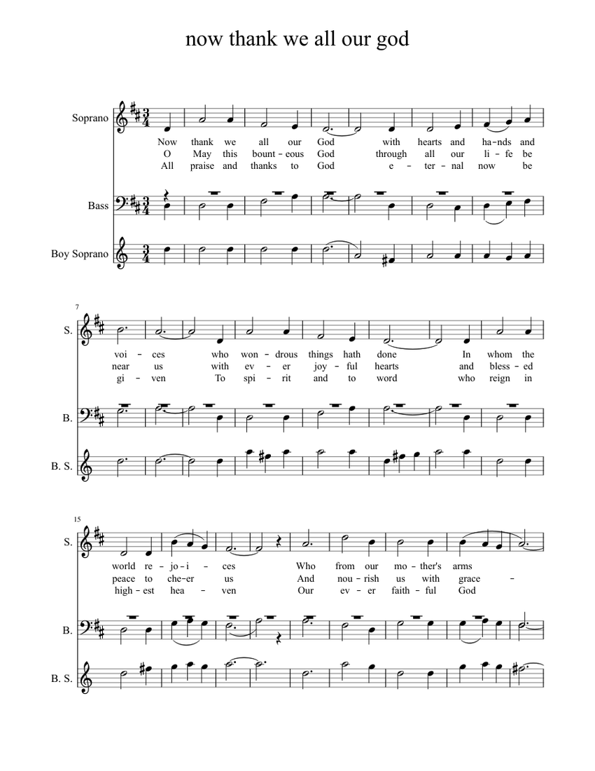 now thank we all our god with descant recorder Sheet music for Bass ...