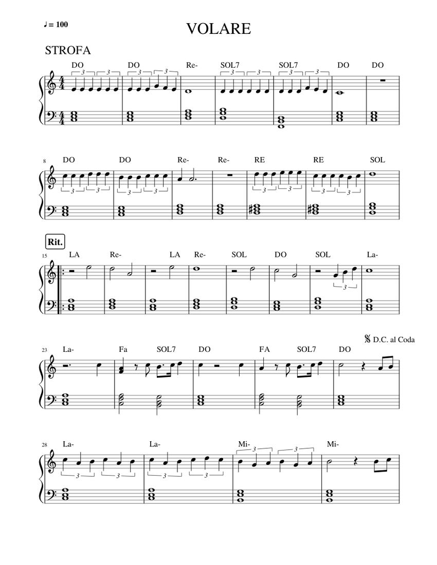 VOLARE 1 Sheet Music with Chords for Piano (Solo) Easy | MuseScore.com