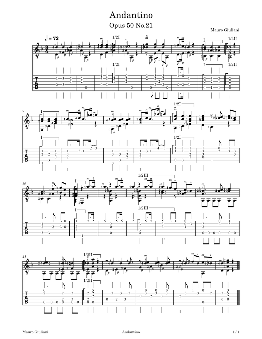 Andantino Op.50 No21-Mauro Giuliani Sheet music for Guitar (Solo ...
