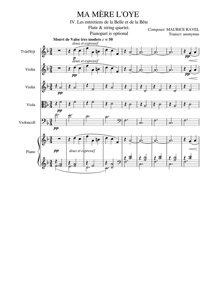 Ma mère l'Oye (suite) – Maurice Ravel Sheet Music for Piano, Flute ...