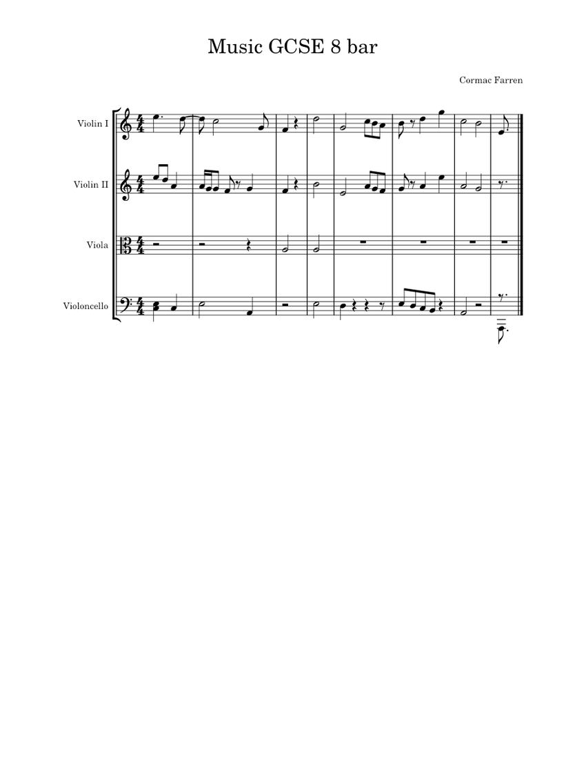 Music_GCSE_8_bar Sheet music for Violin, Viola, Cello (String Quartet ...