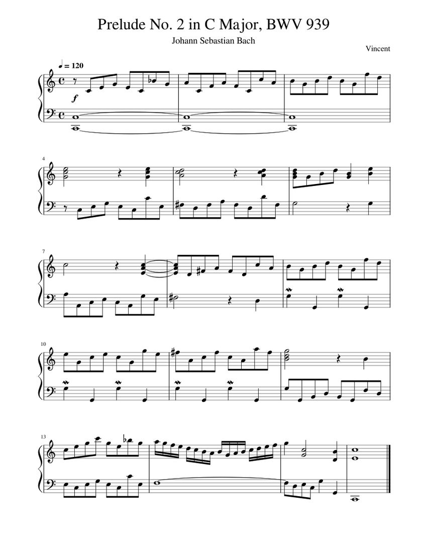 Bach - Prelude No. 2 in C Major, BWV 939 Sheet Music for Piano (Solo ...