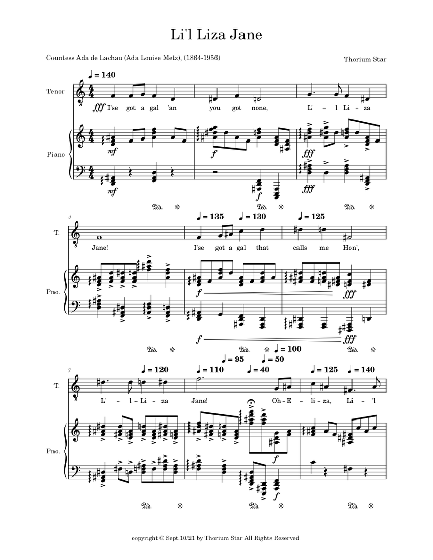 Li'l Liza Jane Sheet Music for Piano, Tenor (Piano-Voice) | MuseScore.com