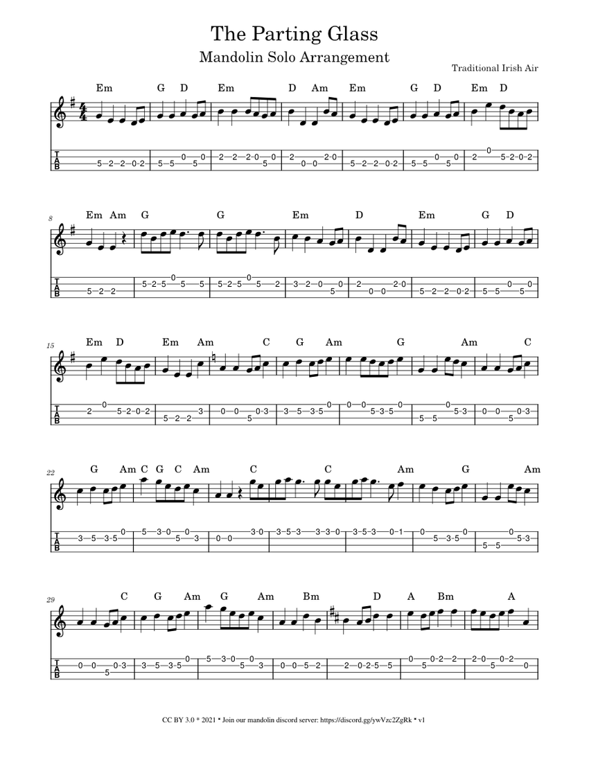 The Parting Glass Sheet Music and Tab with Chords for Mandolin (Solo ...