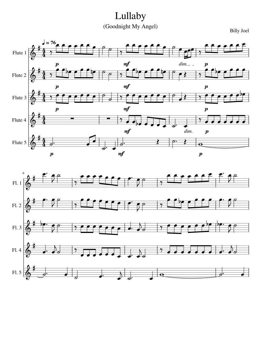 Lullaby – Billy Joel Sheet Music for Flute (Woodwind Quintet ...