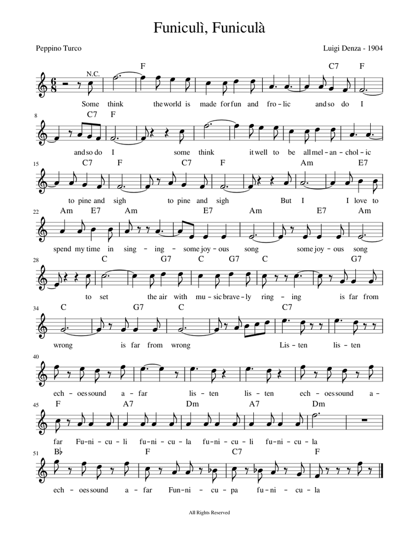 Funiculì, Funiculà Sheet Music with Chords for Piano (Solo) easy ...