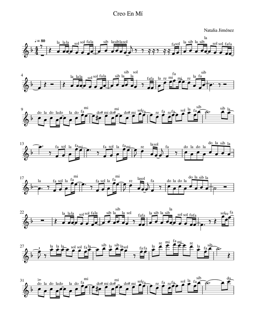 Creo En Mí Natalia Jimenez Piano Sheet Music for Vocals (Solo ...