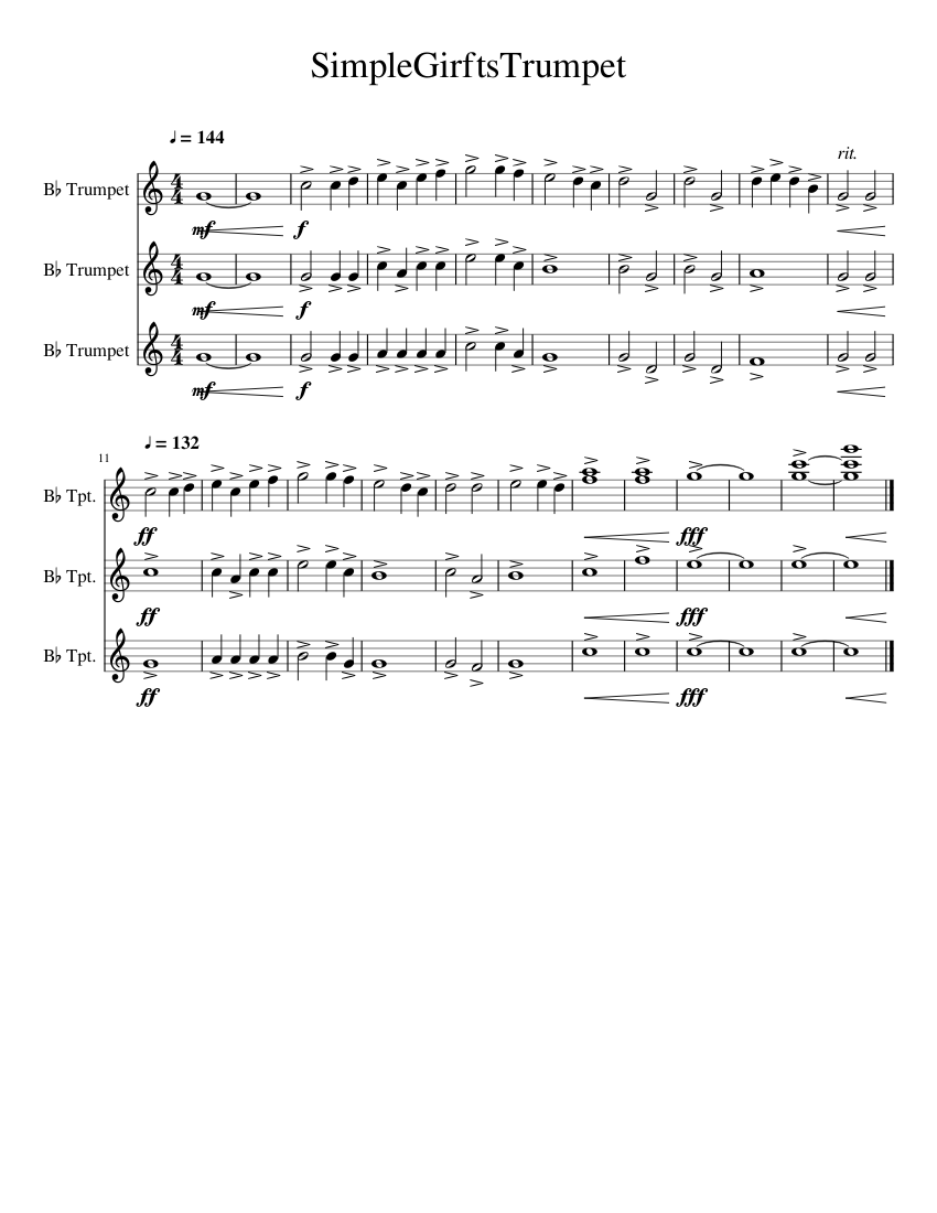 Simple Gifts Trumpet Sheet Music for Trumpet in b-flat (Mixed Trio ...