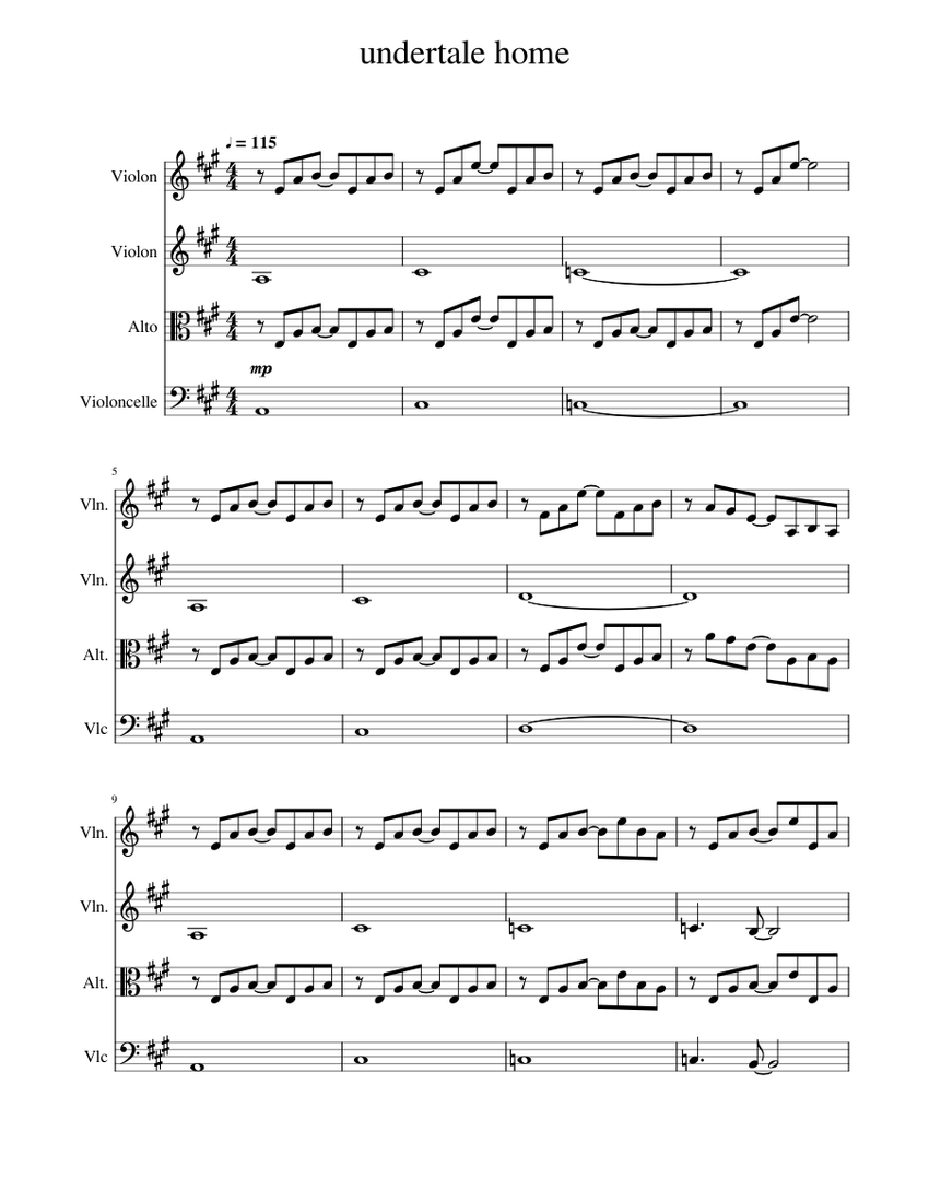 undertale home Sheet music for Violin, Viola, Cello (String Quartet ...