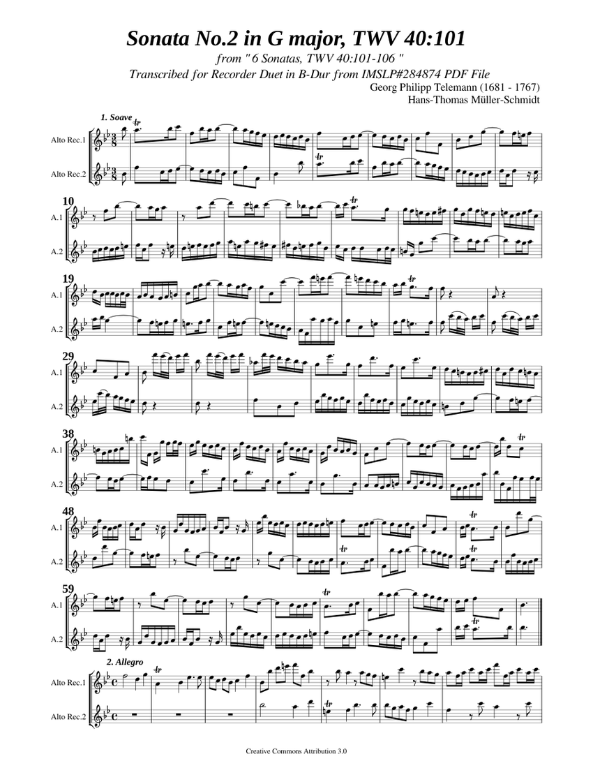 Telemann, G. P. _ Sonata Nr.2 in G-Dur, TWV 40:101 [B-Dur] Sheet music ...