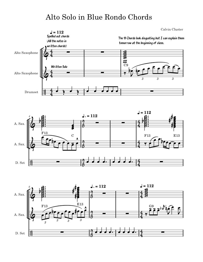 Alto Solo in Blue Rondo Chords Sheet music for Saxophone alto, Drum ...