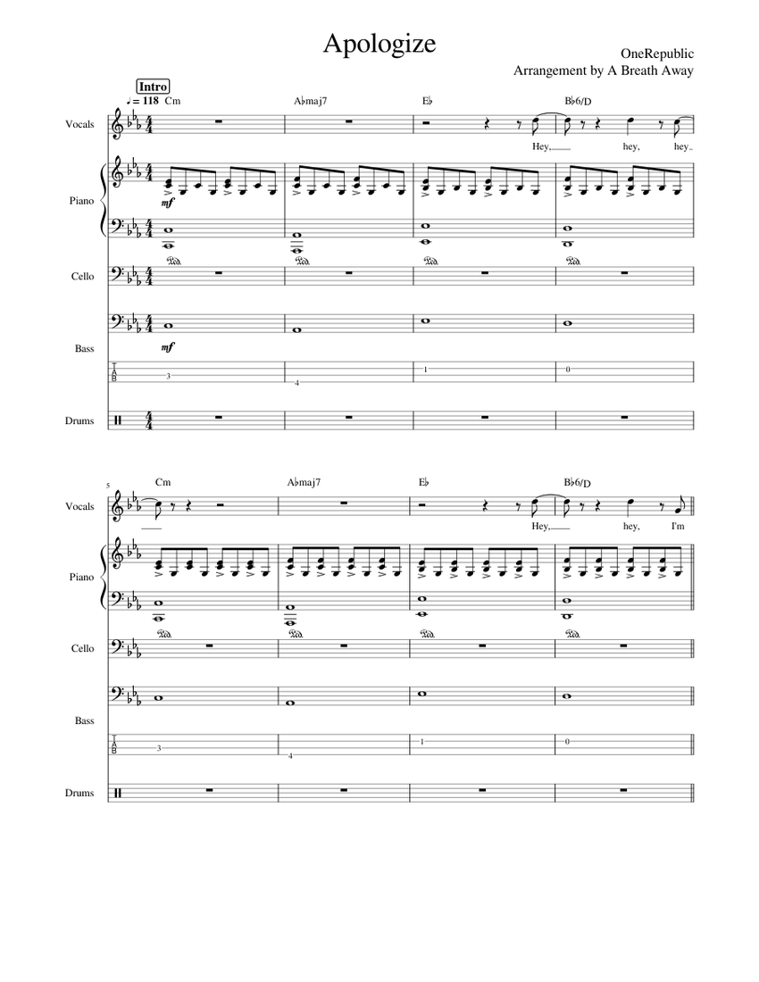 Apologize - OneRepublic | Piano/Vocals/Cello/Bass/Drums Sheet Music and ...
