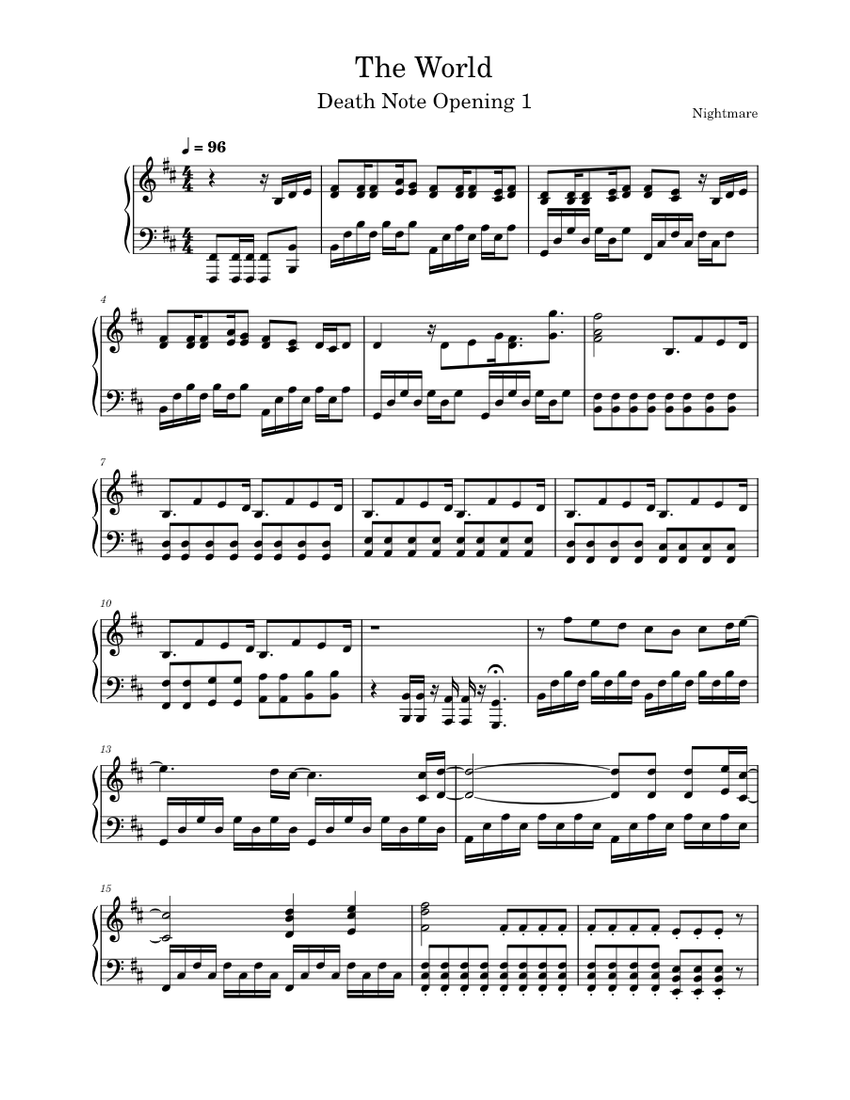 The World – Nightmare (Death Note Opening 1 / TV Size) Sheet Music for ...