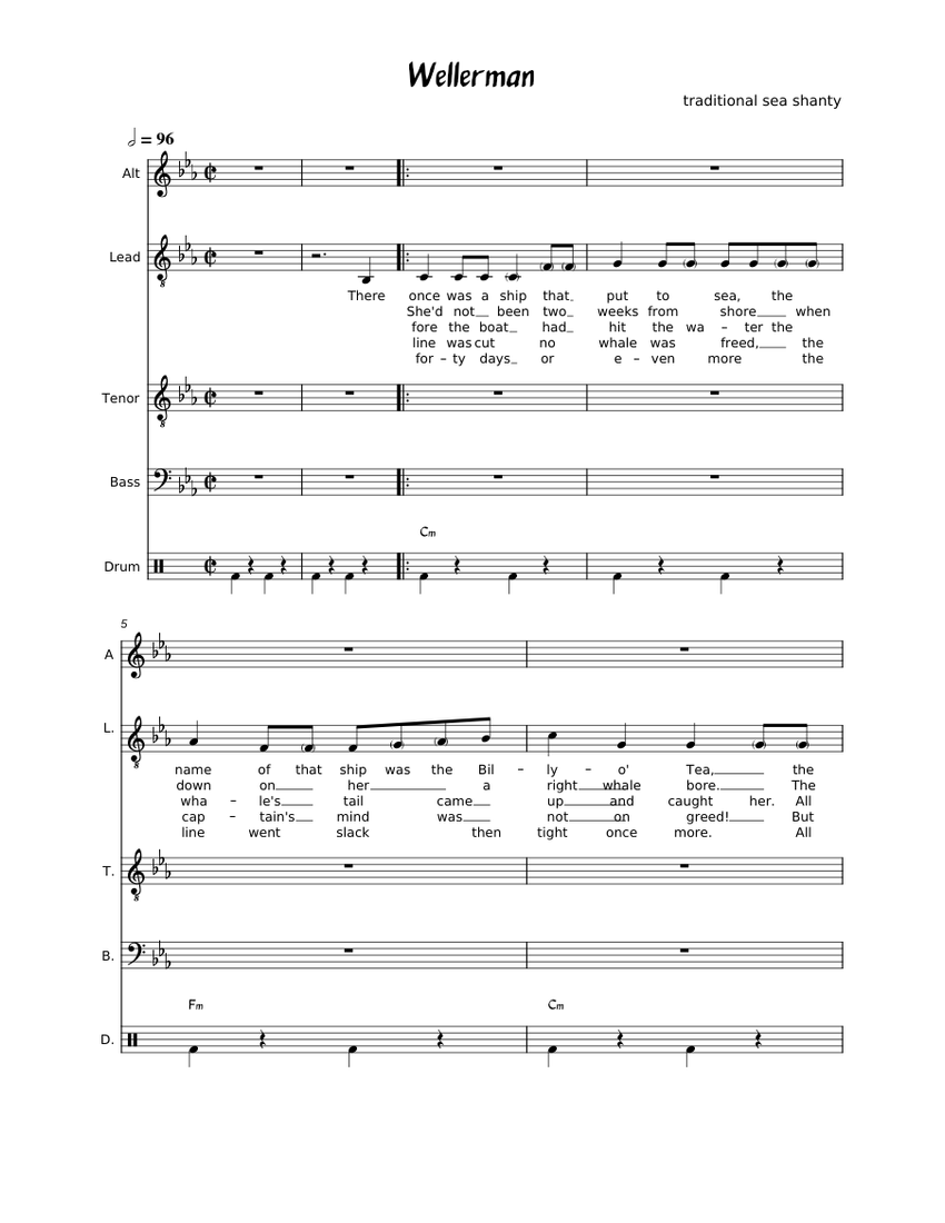 The Wellerman sea shanty Sheet Music with Chords for Alto, Tenor, Bass ...
