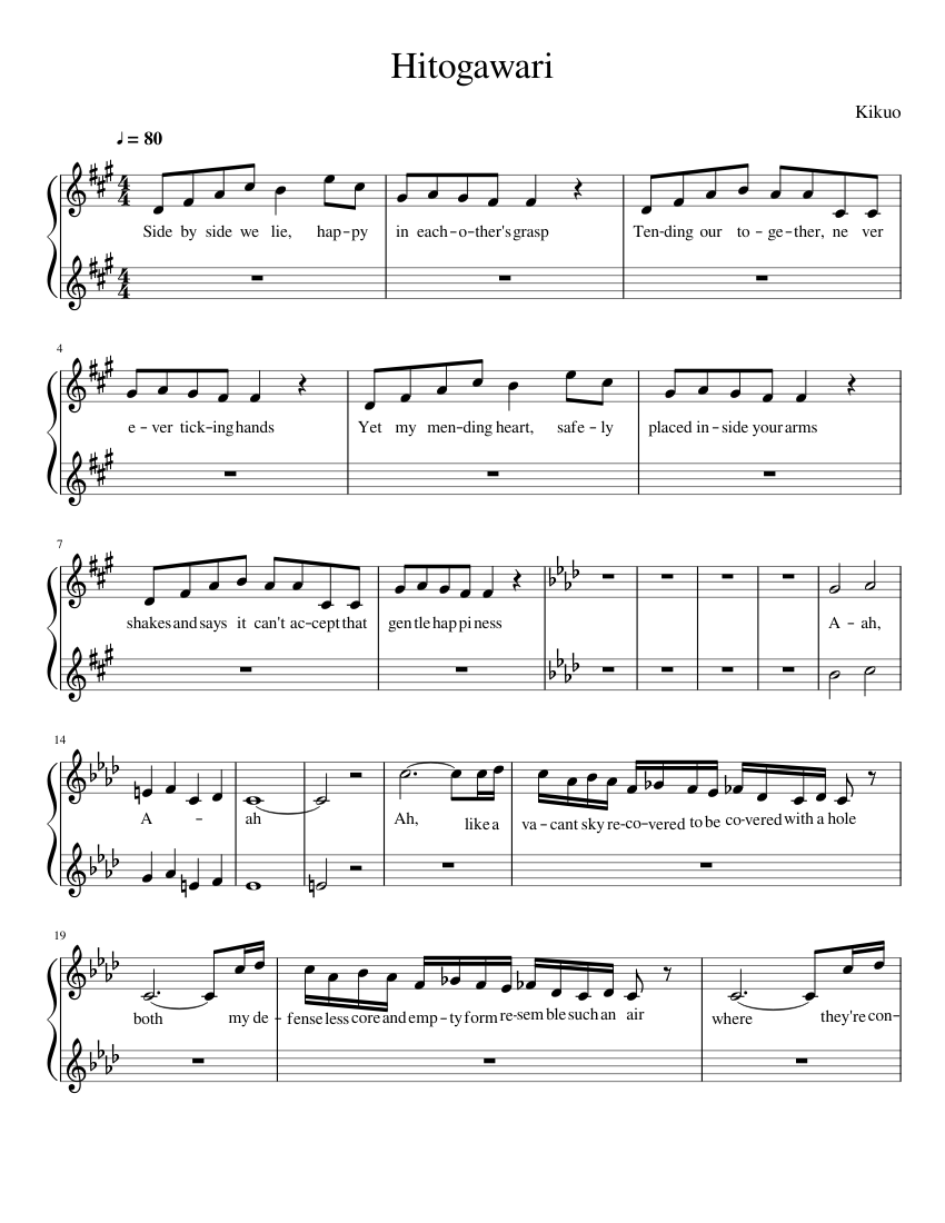Hitogawari (English Vocal Guide) Sheet Music for Piano (Solo) easy ...