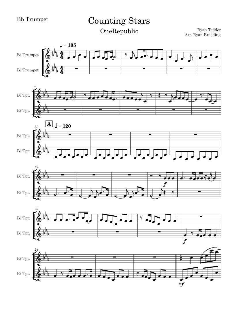 Counting Stars – Ryan Tedder (Trumpet Duet) Sheet music for Trumpet in ...