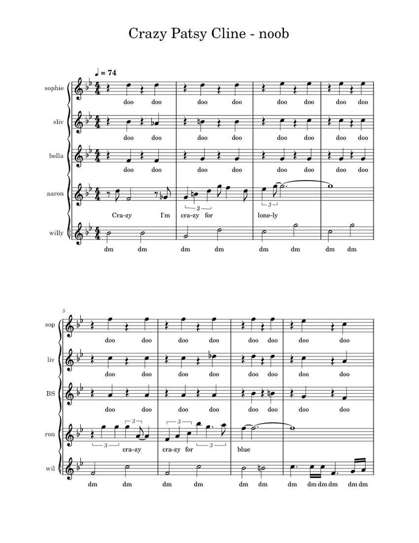Crazy Patsy Cline - noob Sheet Music for Piano (Mixed Quintet ...