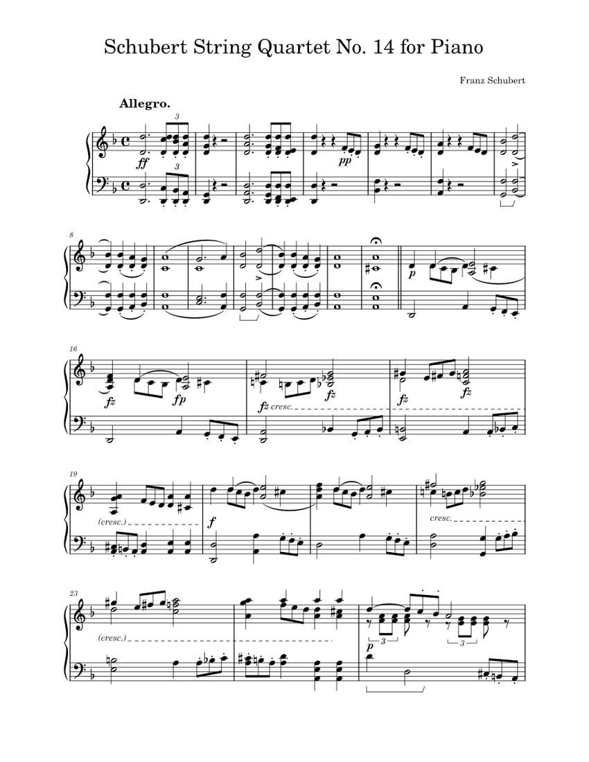 String Quartet in D minor, D.810 – Franz Schubert Schubert String Quartet No. 14 for Piano (All ...