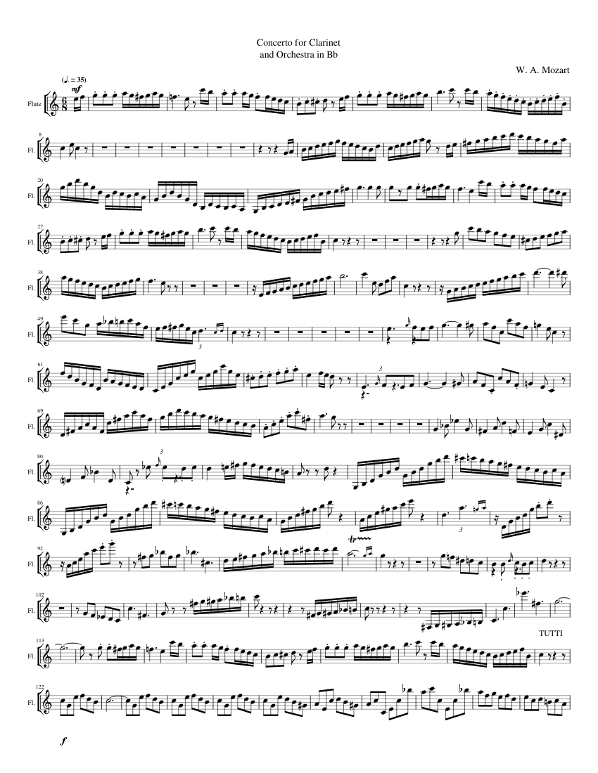 Bb Concerto for Clarinet and Orchestra in Bb SLOW Sheet music for Flute ...