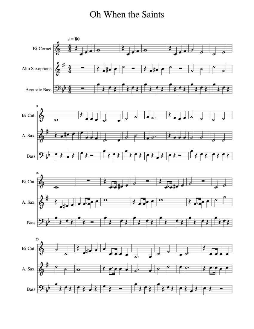 Oh When the Saints Trio Sheet Music for Cornet, Saxophone alto, Bass ...