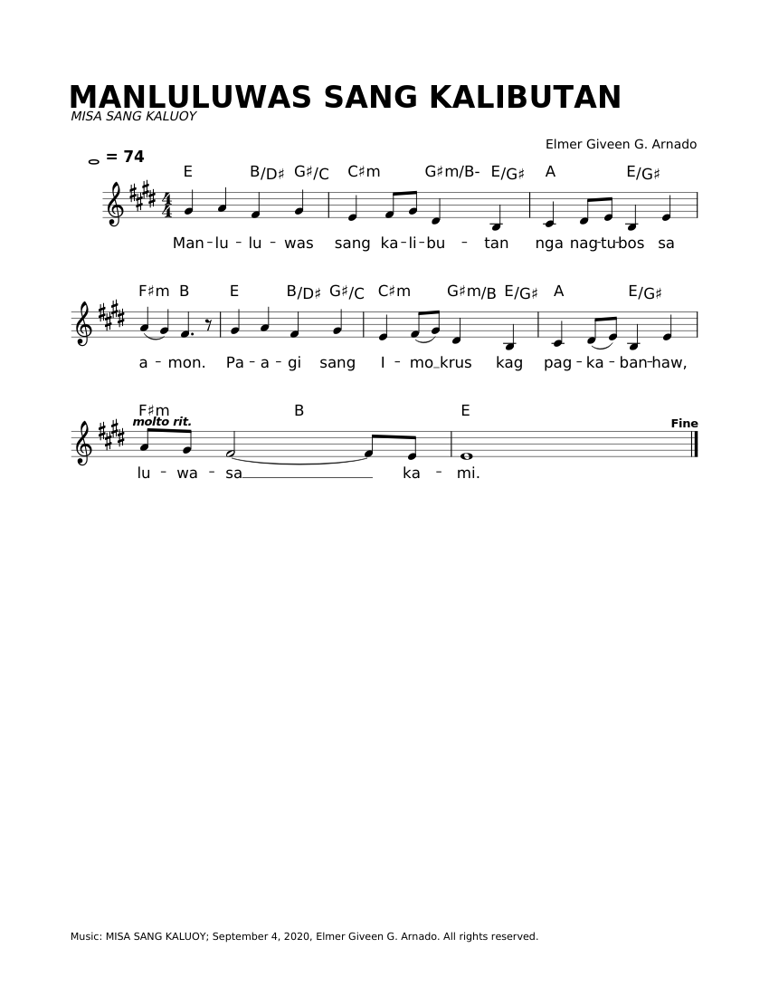 A4. MANLULUWAS SANG KALIBUTAN Sheet Music with Chords for Piano (Church Choir) Easy | MuseScore.com