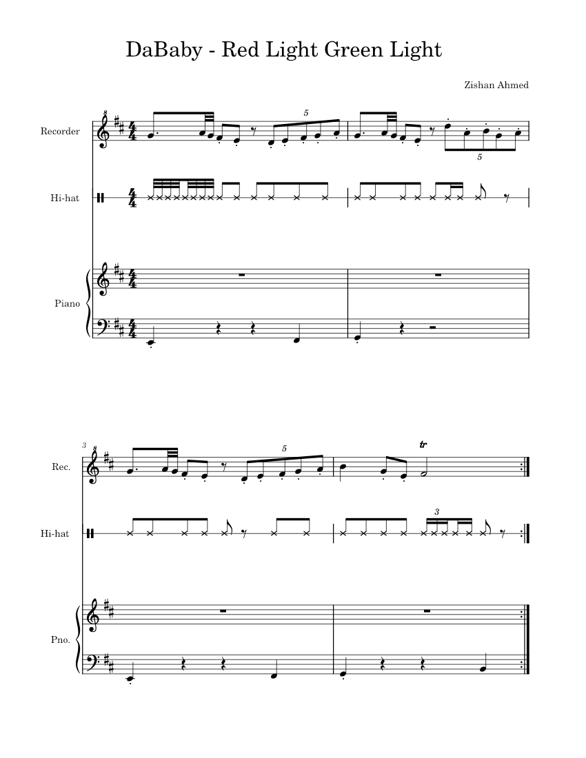 DaBaby - Red Light Green Light Sheet Music for Piano, Recorder, Hi-hat ...